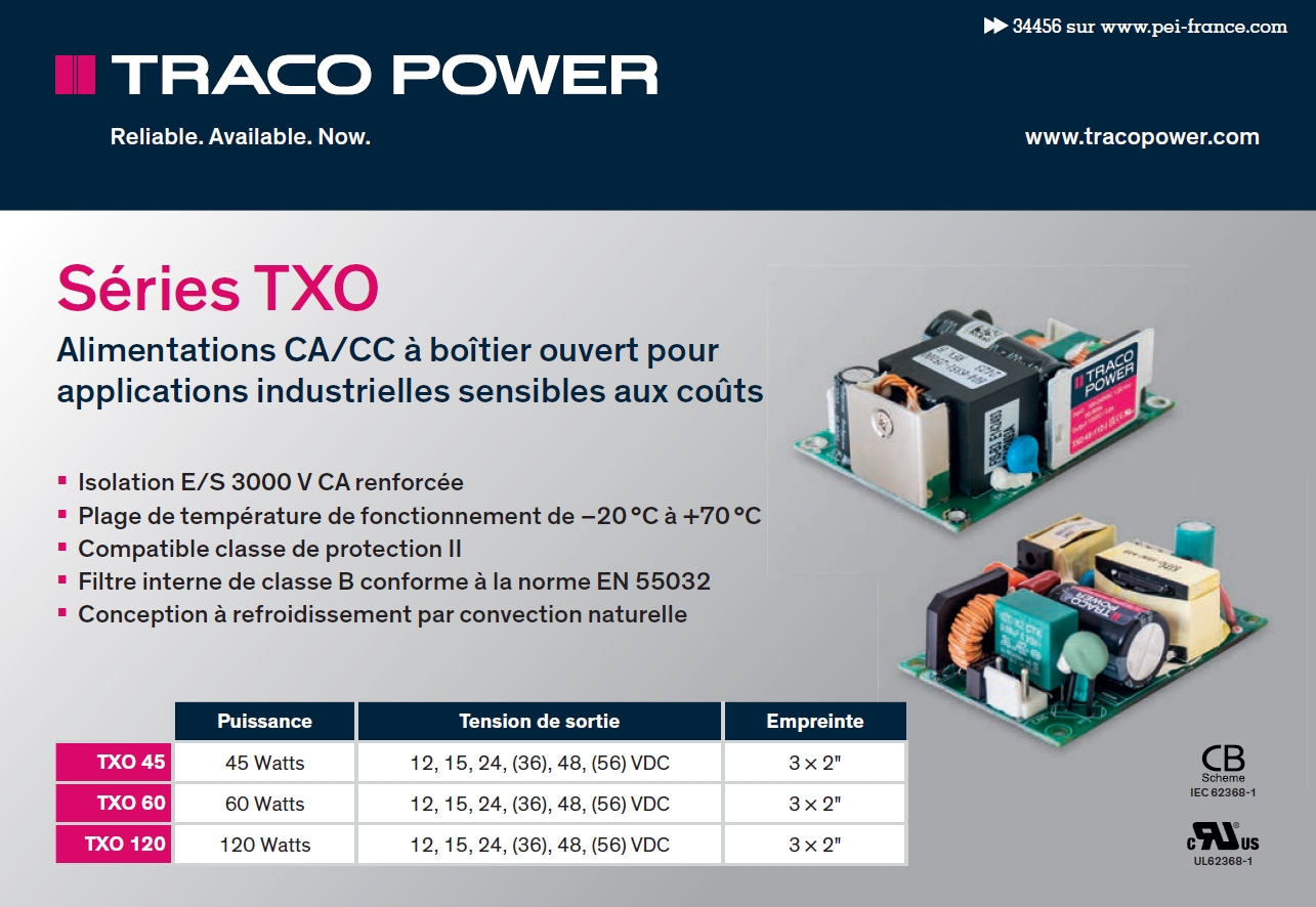 Alimentations CA/CC Séries TXO de Traco Power